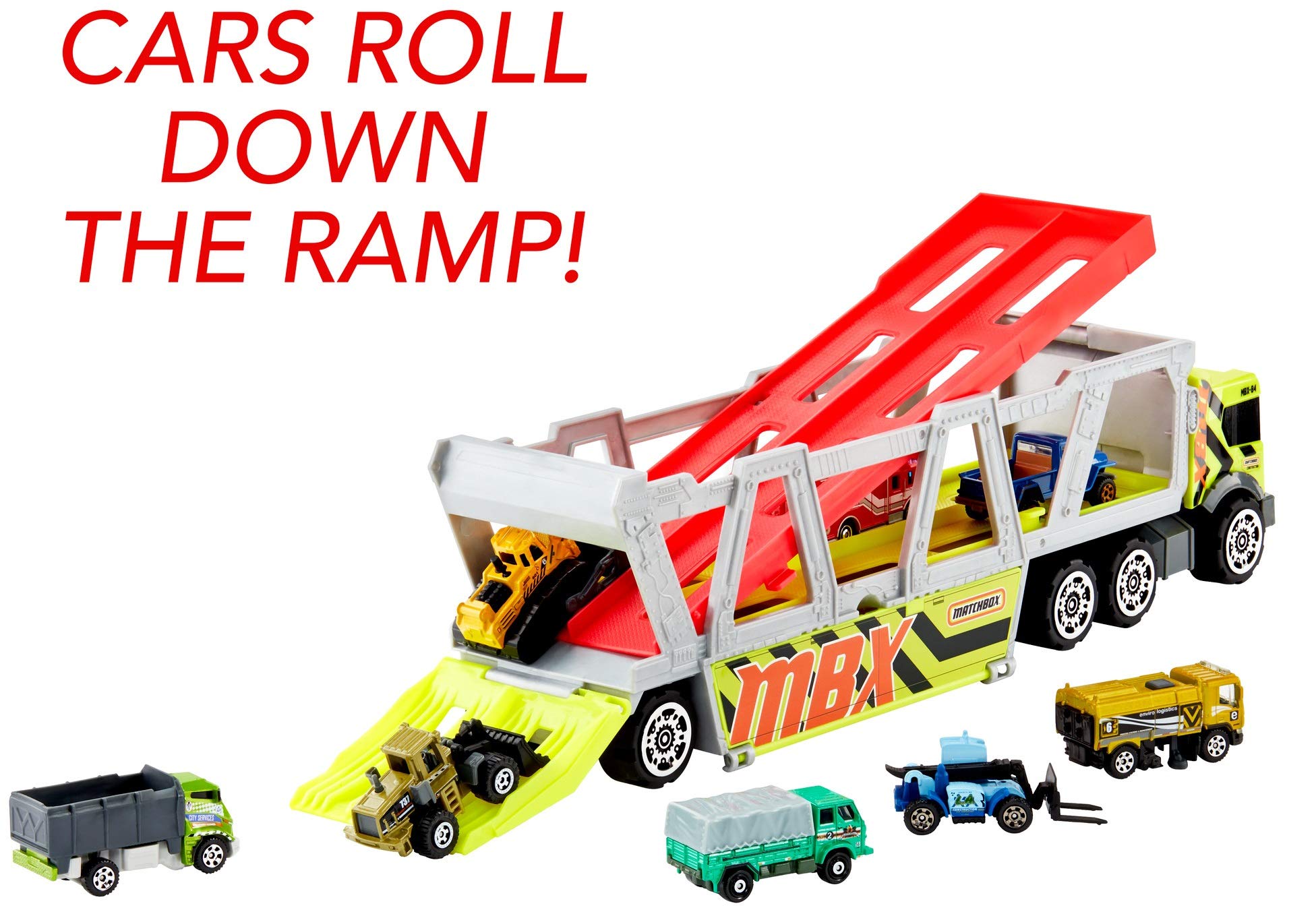 Matchbox Construction Hauler Detachable Cab Holds 16 Vehicles Plus Metal die-cast Tractor and Parts for Realistic Story Play Great Gift Ages 3 and Older