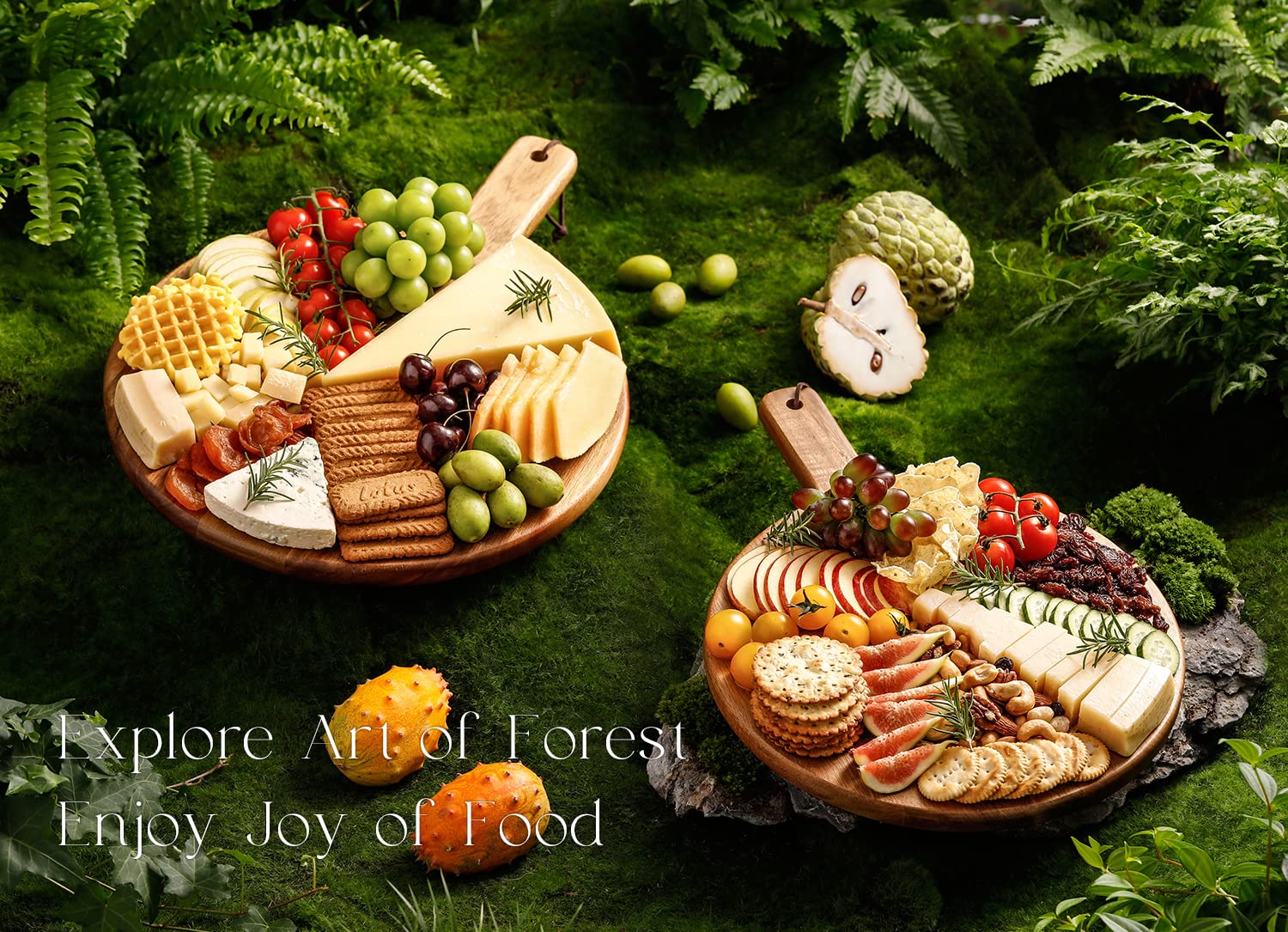 Luomal Round Wood Cutting Board with Handle, 12" Acacia Wooden Serving Board for Kitchen, Cheese Charcuterie Board for Meat, Bread, Pizza, Vegetables & Fruits (Gift Box Included)
