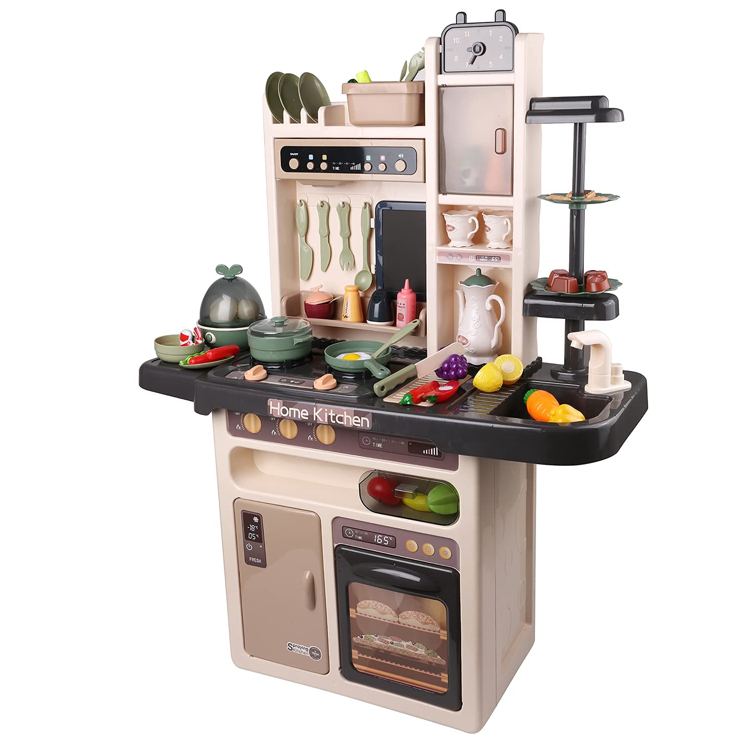 Kids Kitchen Playset with Lights and Sounds Music Steam Play Sink with Runing Water Cut Play Food