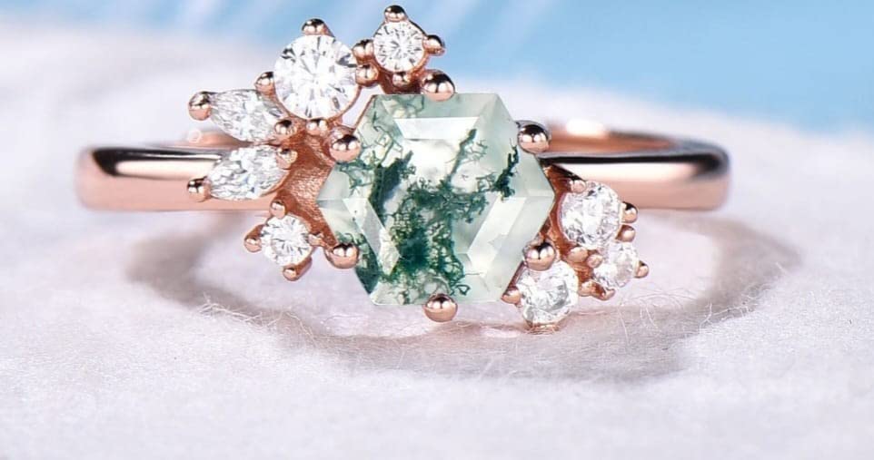 Natural Moss Agate Ring Vintage Green Moss Agate Engagement Rings Hexagon Cluster Engagement Ring Sterling Silver Wedding Gift For Women