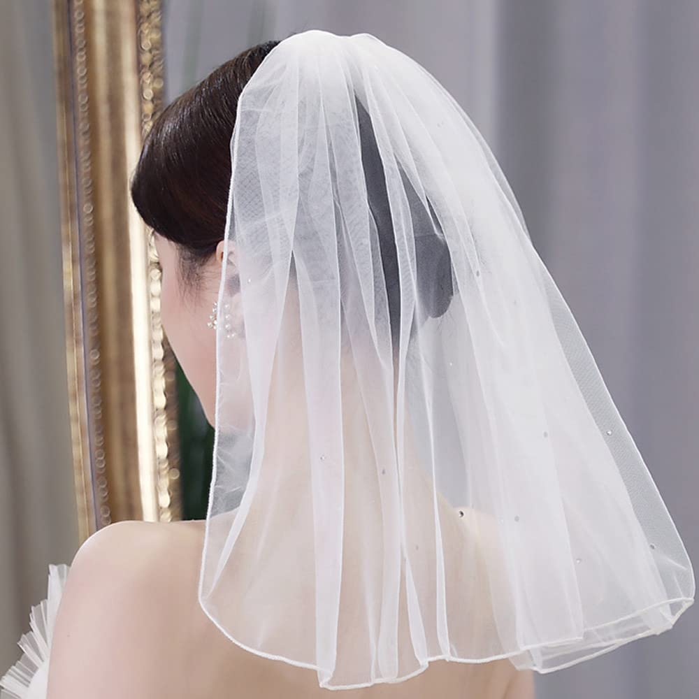 Sekhluno Bridal Veil, 1 Tier Rhinestone Wedding Veil with Comb Women's Short Veils (White)