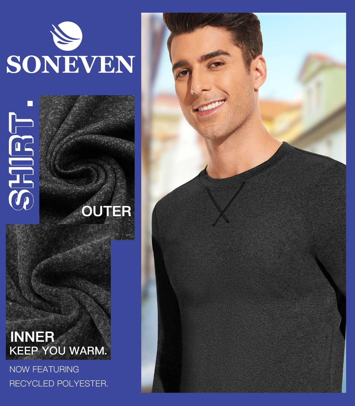 Soneven Thermal Long Shirts for Men Running Workout Tops Muscle Fitted T-shirt for Cold Weather Grey