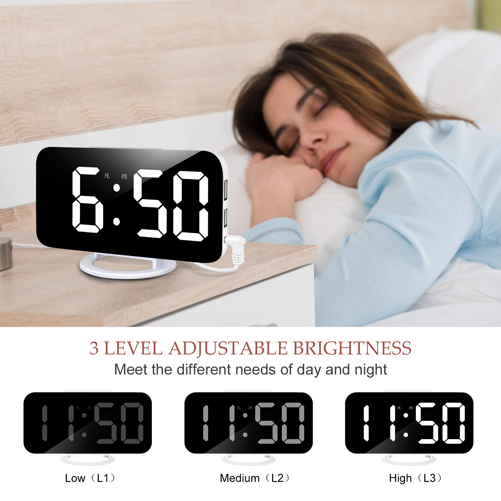 Lamisola Digital Alarm Clock, Large LED Mirror Display, 2 USB Charging Ports,Auto Dim Mode,Modern Design Clock for Bedroom Office, White