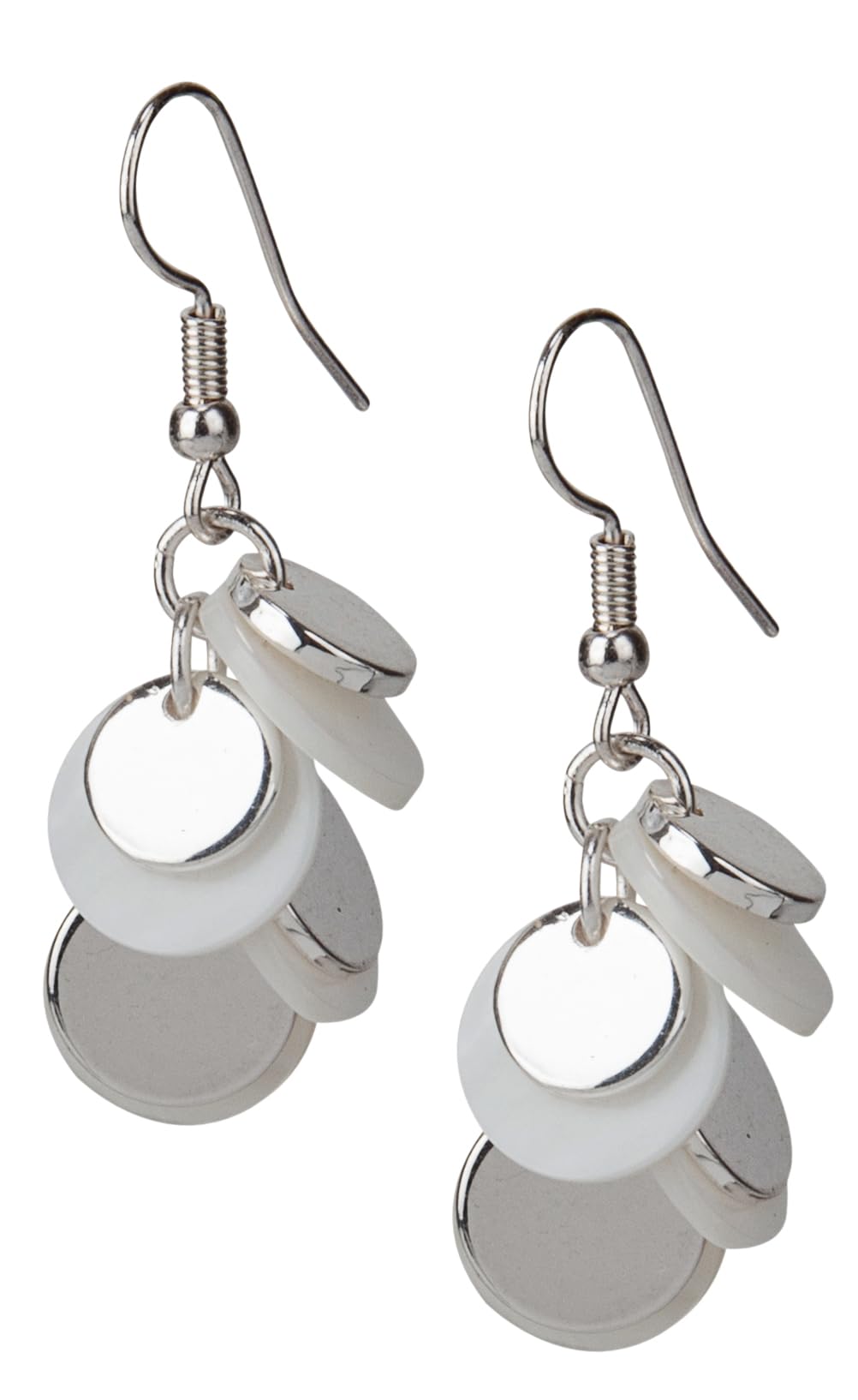 Natural Mother of Pearl Shell Elegant Beach Handmade Light Weight Ocean Circle Silver and Gold Round Disk Cluster Iridescent Earrings for Women (Silver)