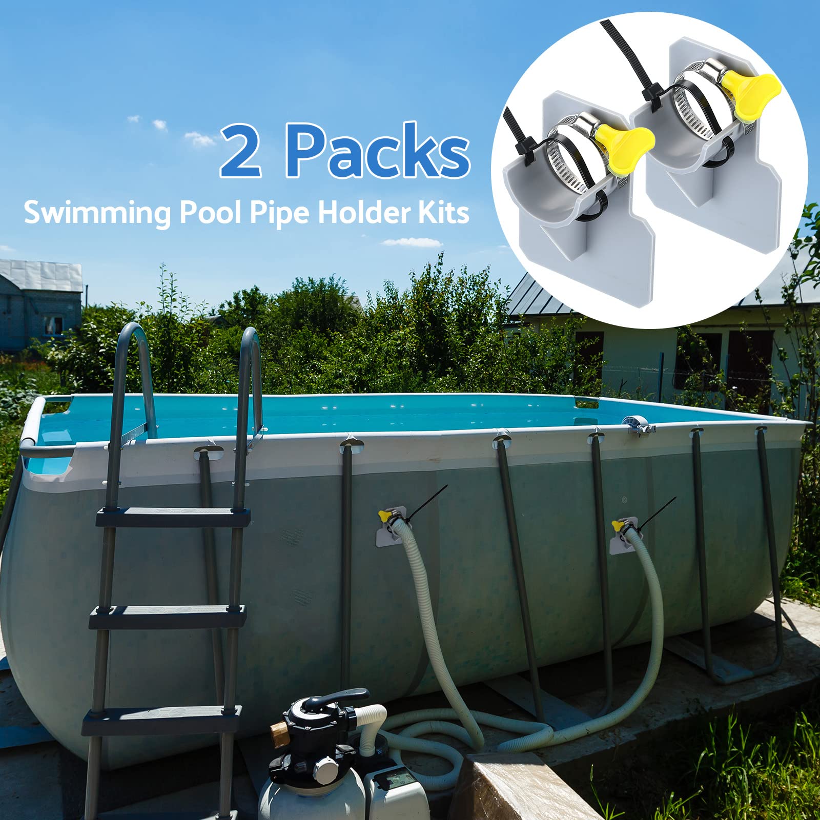 Swimming Pool Pipe Holders Plastic Above Ground Swimming Pool Hose Support Brackets with Tape and Cable Tie Stainless Steel Hose Clamps for Preventing Pipes Sagging Accessory (2, Gray)