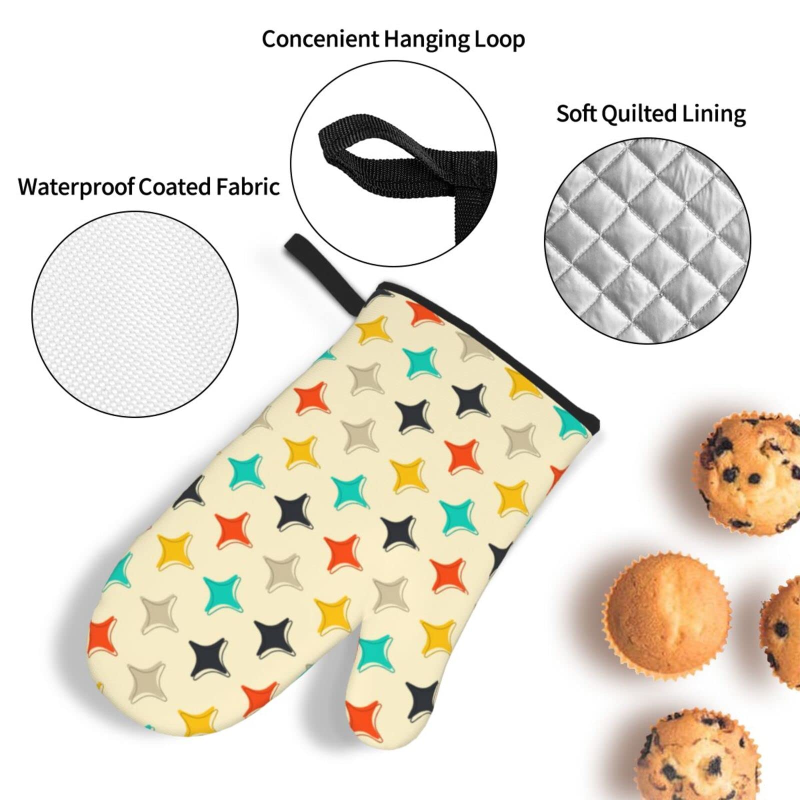Modern Atomic Stars Retro Colors Oven Mitts and Pot Holders 4pcs Sets,Funny Kitchen High Heat Resistant Oven Mitts,with Oven Gloves and Hot Pads Pot Holders for Baking Cooking BBQ Grilling