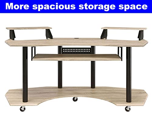LEEKOUS STERXONE Best Music Recording Studio Desk with Piano Keyboard Tray, Recording Studio Workstation Table with 2 Stands, Bottom Shelf and Wheels, Wooden Home Office Computer Desks (Natural Oak)