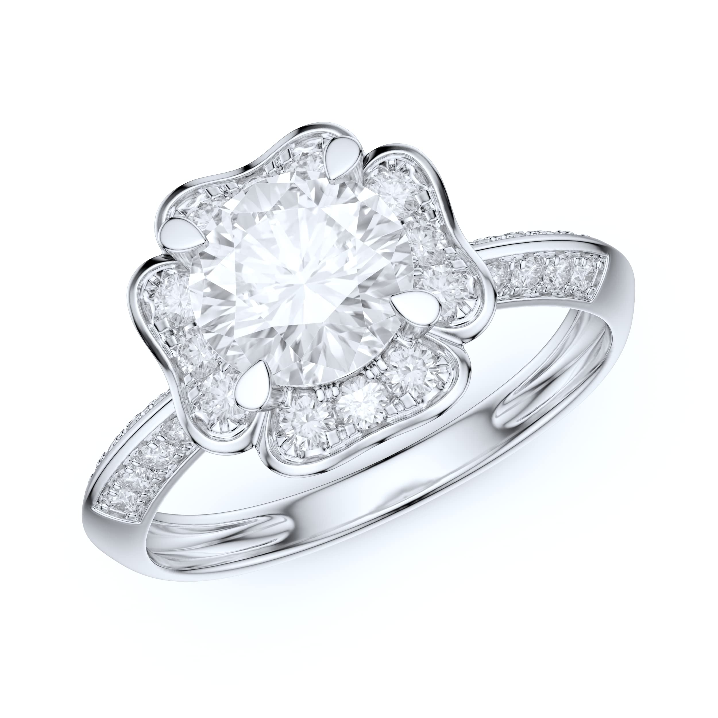 PRSTANI Real 14k White Gold Romantic Flower Like Clovers Halo 4-Prong Set 1.0 CT Simulated Diamond Engagement Ring (6.5)