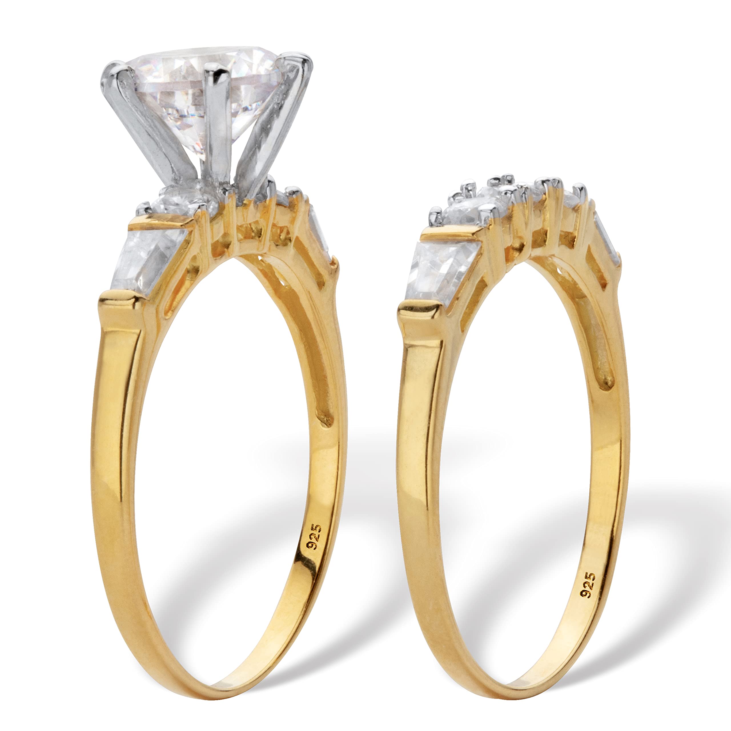 PalmBeach Jewelry 18k Gold-Plated or Platinum-Plated Sterling Silver Two Tone Round and Baguette CZ 2 Piece Bridal Ring Set Size 6