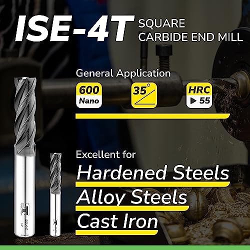 SPEED TIGER Micrograin Carbide Square End Mill - 4 Flute - ISE1/4"4T (5 Pieces, 1/4") - for Milling Alloy Steels, Hardened Steel, Metal & More β Mill Bits Sets for DIYers & Professionals