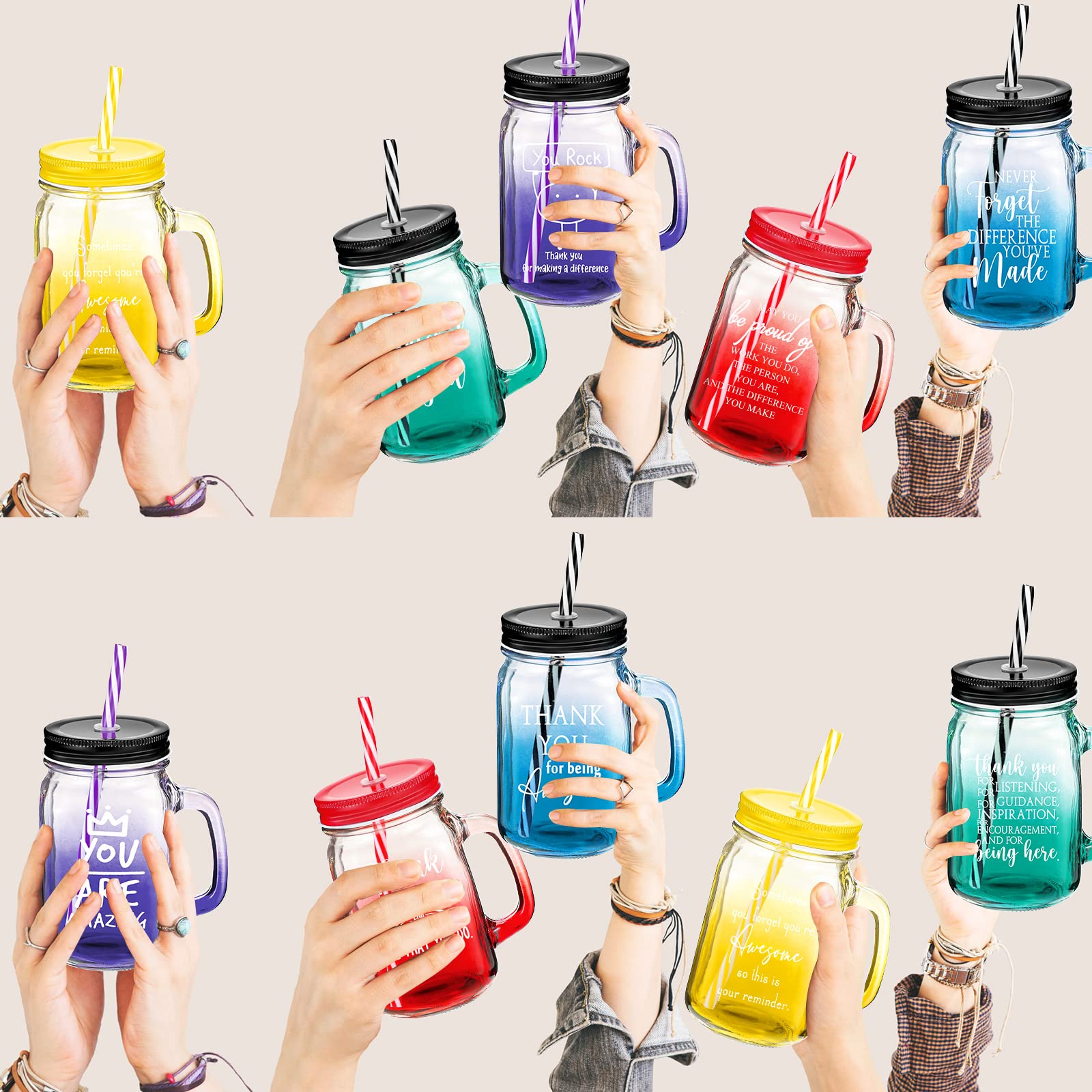 Meanplan Employee Appreciation Gift Bulk 16 oz Thank You Glass Cup with Handles Lids and Straws Mason Jar Mugs for Students Teacher Graduation Coworker Staff Nurse Work Team(Multicolor, 10 Pcs)