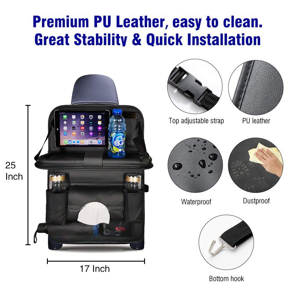 Moikin Car Seat Back Backseat Organizer with Foldable Table Tray, PU Leather Kick Mats Seat Back Protectors with Foldable Dining Table Holder Space Saving Pocket Storage for Baby and Kids (Black)