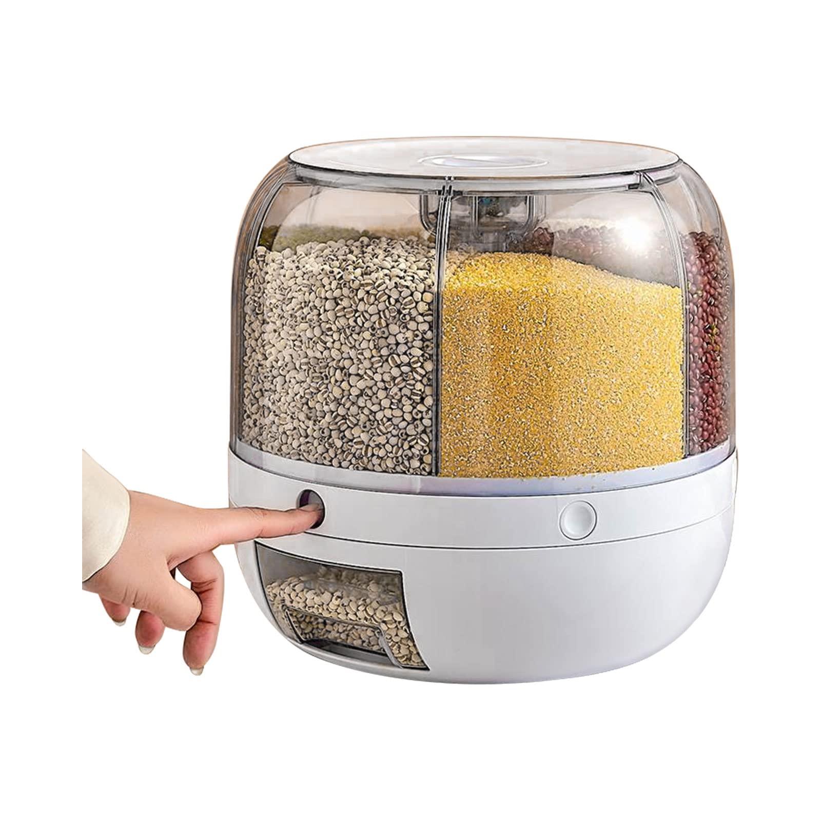 SABUIDDS Rotating Grain Dry Food Dispenser Countertop - 6 Grids Cereal Tank Dispenser for Lentils, Rice, Beans - Kitchen Pantry Storage Container- Max 10kg/22 lbs Capacity - White