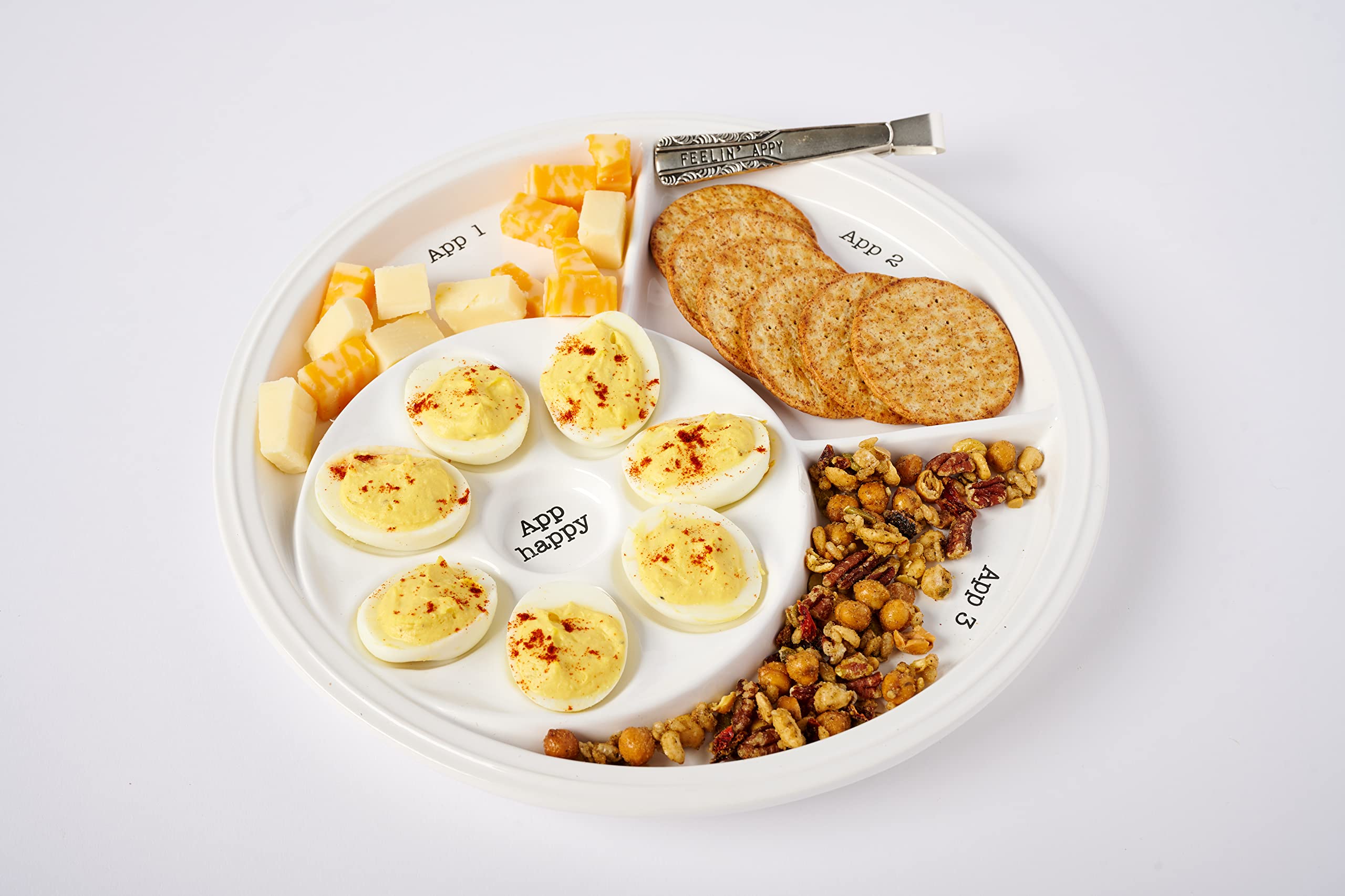 Mud Pie Circa Appetizer and Deviled Egg Platter Set, White, Dish 12" Dia | Tongs 4.5"