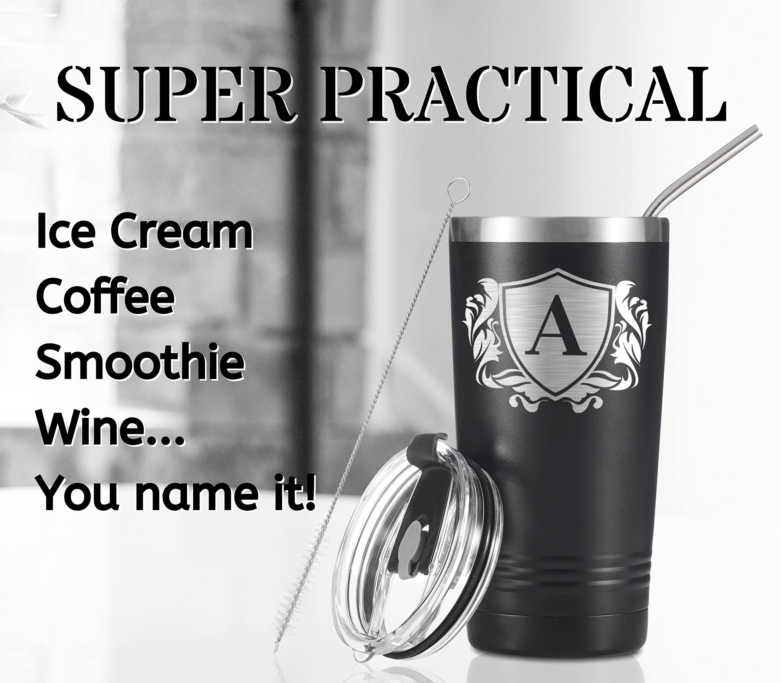 Personalized Coffee Mug with Initial J, Monogrammed Travel Tumbler for Him, Custom Cups, Unique Birthday Christmas Gifts for Men who Have Everything