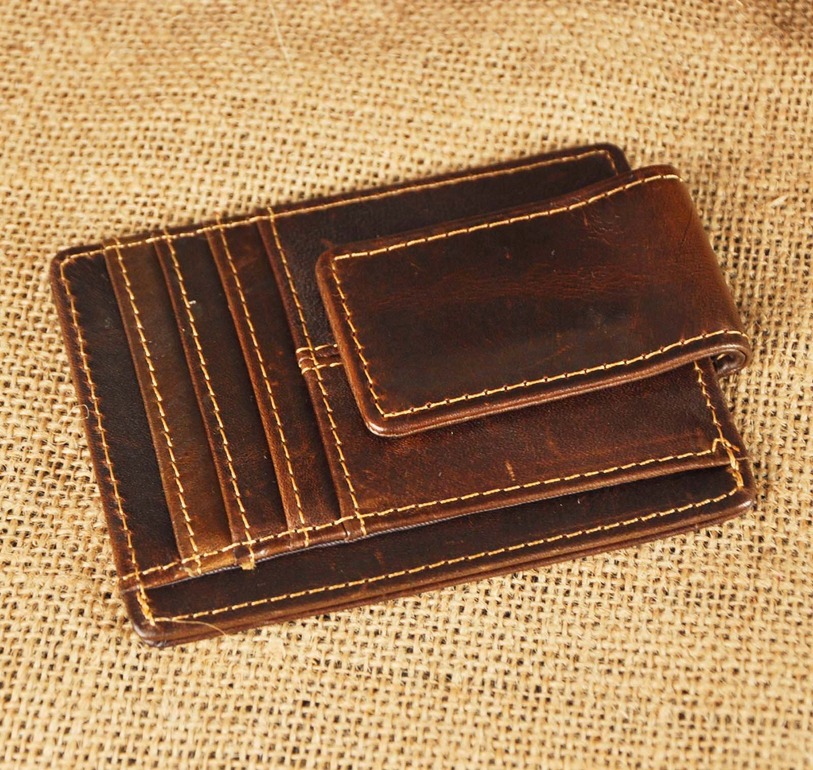 Le'aokuu Genuine Leather Magnet Money Clip Credit Card Case Holder Slim Handy Wallet (Light Brown 2)