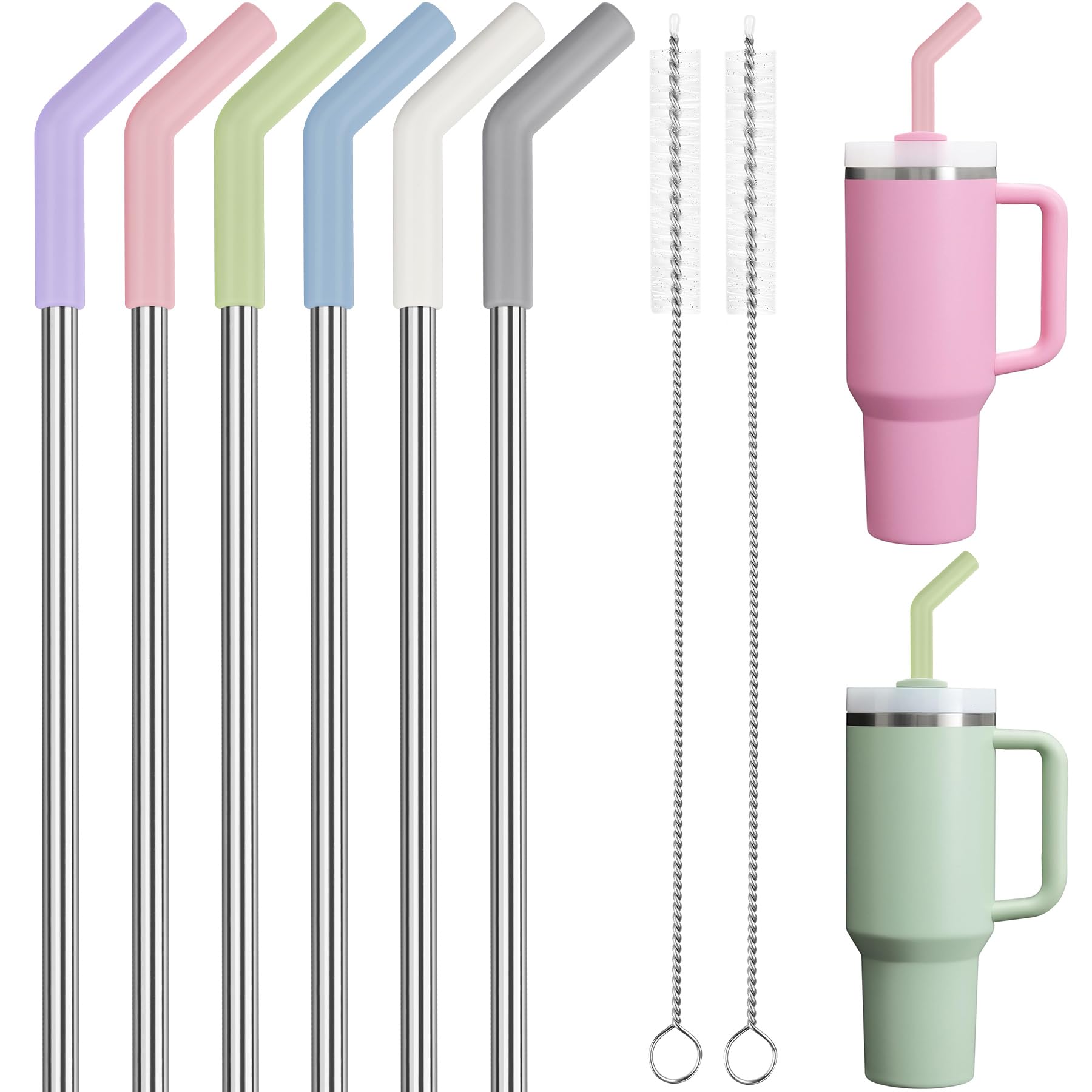 Tomorotec 40oz Straws, 13 Inch Stainless Steel Straw with Silicone Extender Tip for Stanley Adventure Quencher Tumbler 6-Pack with 2 Brushes, 0.35" Diameter Straws Food Grade BPA-Free Colorful Set