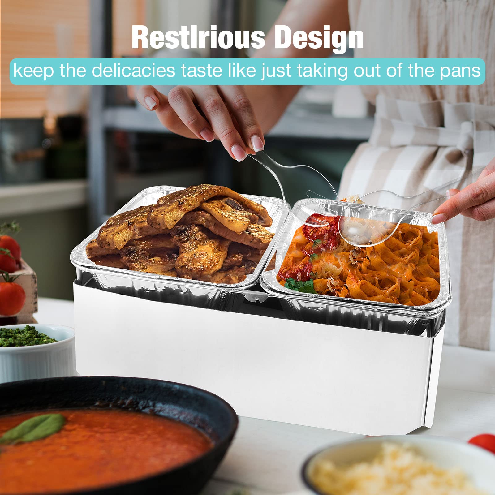 Restlrious Chafing Dish Buffet Set Disposable 4 Pack Full Size Aluminum Buffet Serving Kit, Chafer Stand Kit for Food Warmer in 36 Pieces w/Food Pan Water Pan & Utensils, for Parties Events BBQ