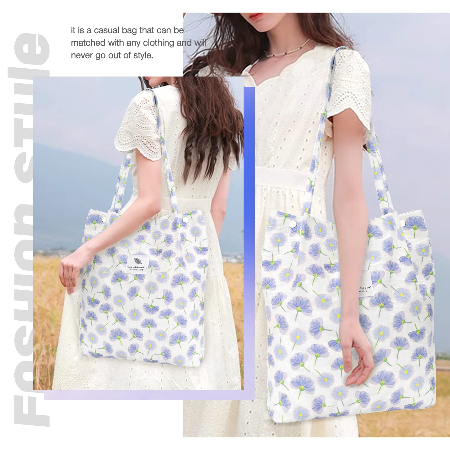 LHMTQVK Corduroy Tote Bags for Women, Large Capacity Corduroy Bag Reusable Grocery Shoulder Bag with Inner Pockets(Forget Me Not)