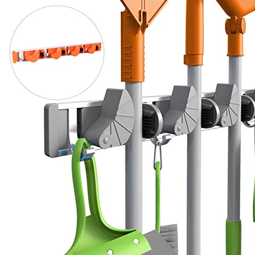 UPBEER Mop Broom Holder Hooks Hanger Wall Mounted Organizer for Home Laundry Bathroom Kitchen Garage Garden Utility Tools Rack Storage Metal Shelf Orange