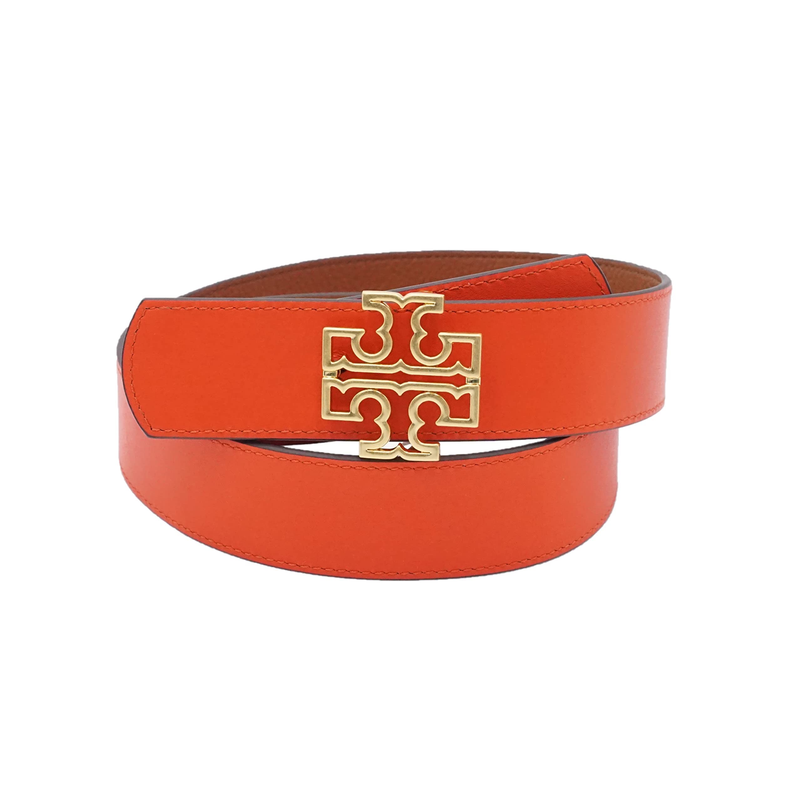 Tory Burch 141742 Britten Logo Classic Tan/Poppy Red With Gold Hardware Reversible 1.5 Inch Width Women's Belt (Large)