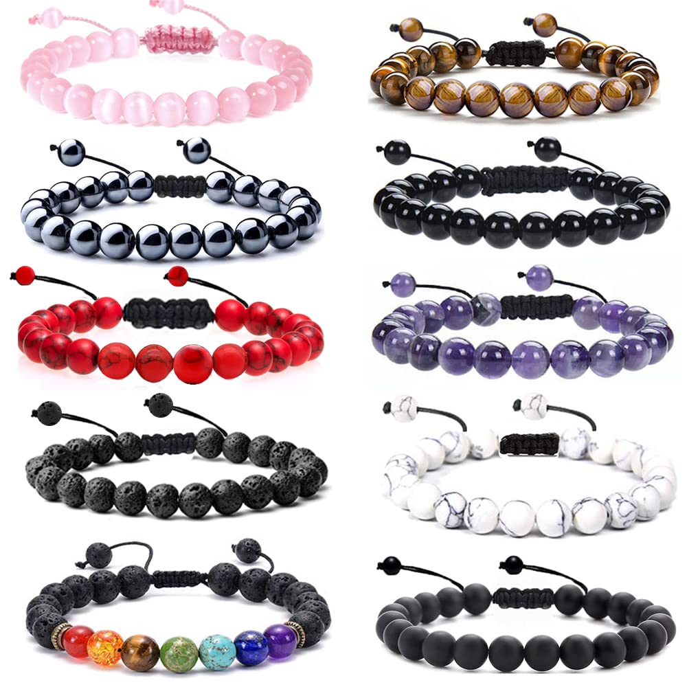 MOZAKA 10 Pcs 8mm Healing Power Gemstone Crystal Beads Bracelet Adjustable Tiger Eye Amethyst Chakra Bracelets Unisex