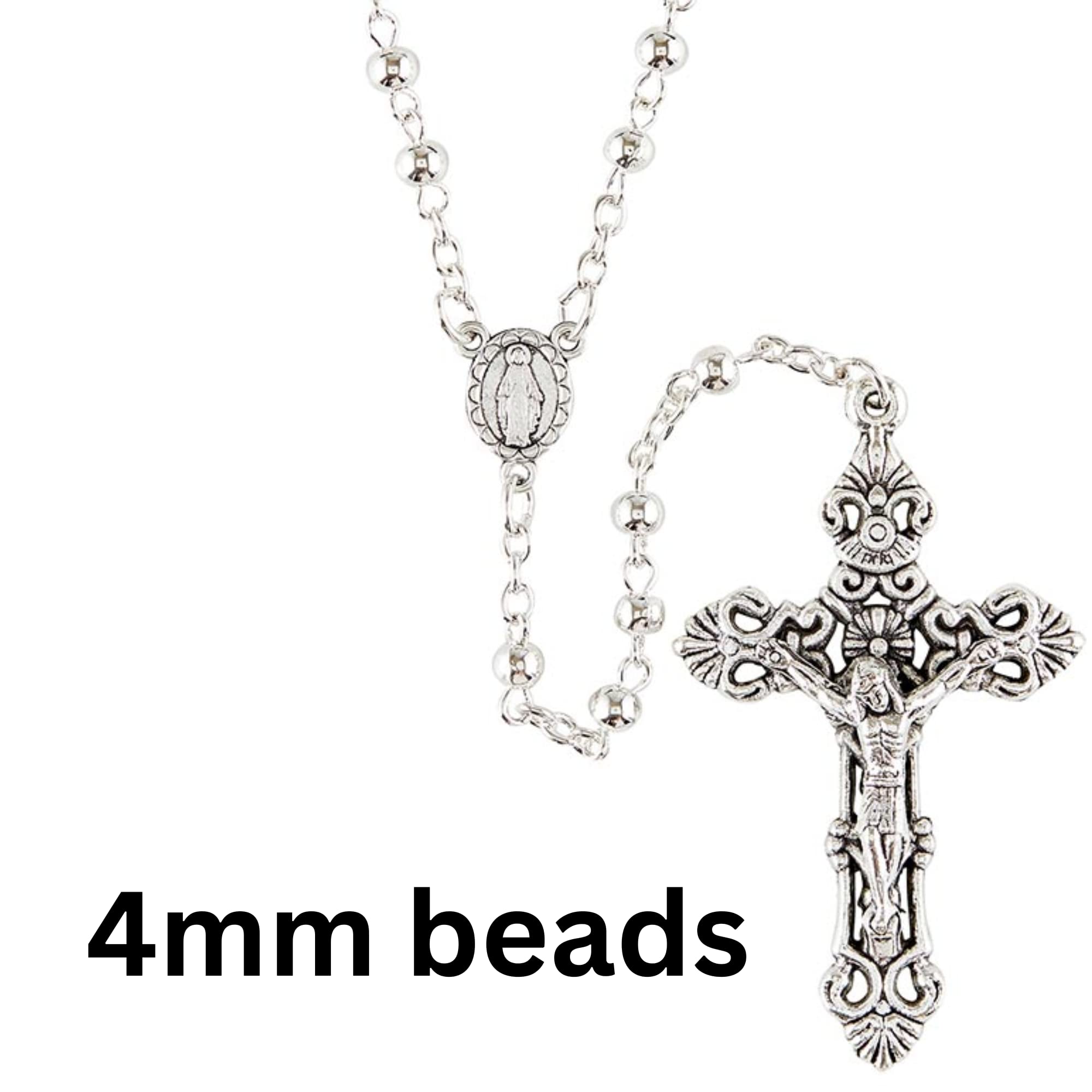 Simple Metal Necklace Rosary, Religious Devotional Jewelry, Classic Crucifix on Beaded Chain, Gift for Loved Ones, & More, 12 Inches, 4 Millimeter Beads