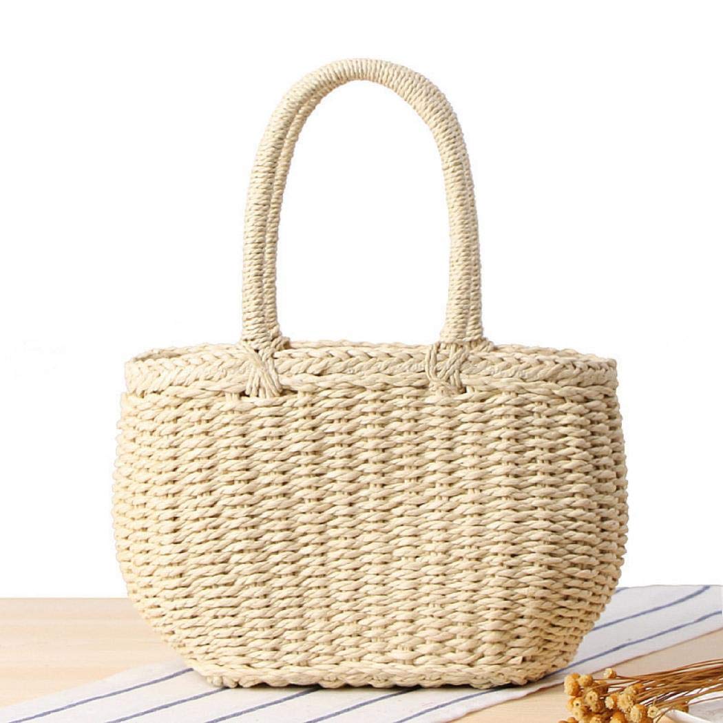 Natural Straw Bag for Women,Hand-woven Straw Hobo Bag Round Handle Retro Summer Beach Bag (Beige)