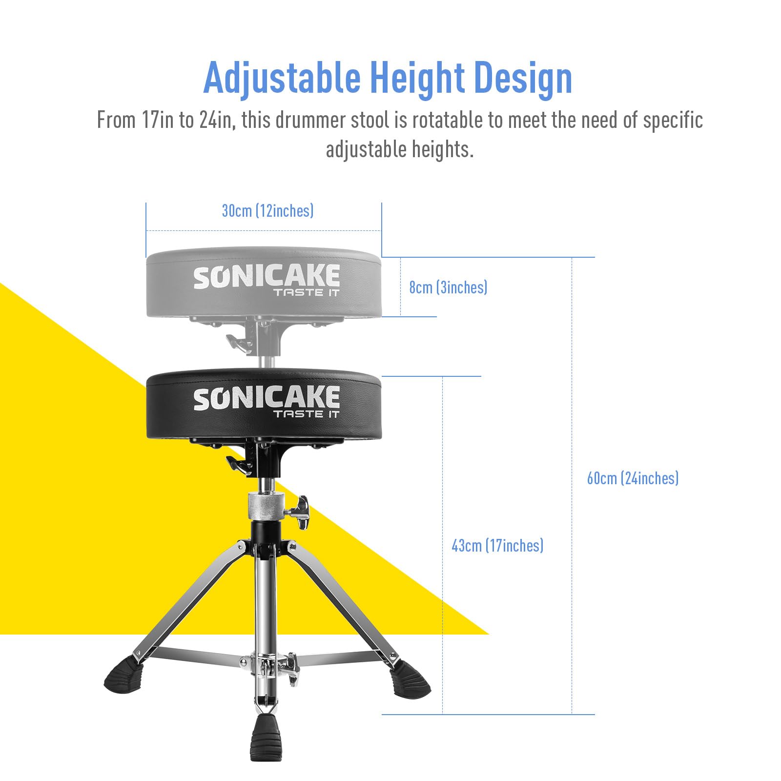 SONICAKE Drum Throne Adjustable Drum Stool Foldable with Anti-Slip Padded Seat Black