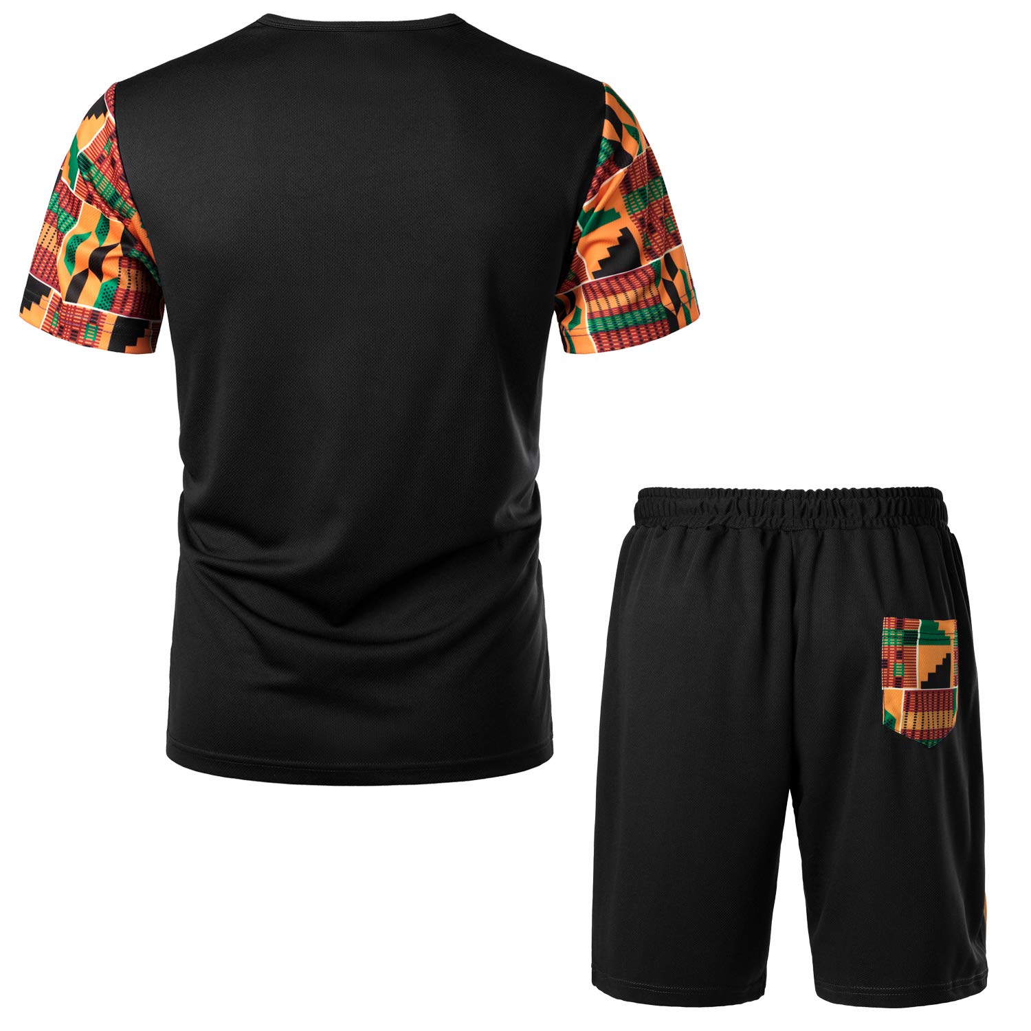 LucMatton Men's Summer 2 Piece African Pattern Printed T-Shirt and Shorts Set Sports Mesh Tracksuit Dashiki Outfits Black X-Large