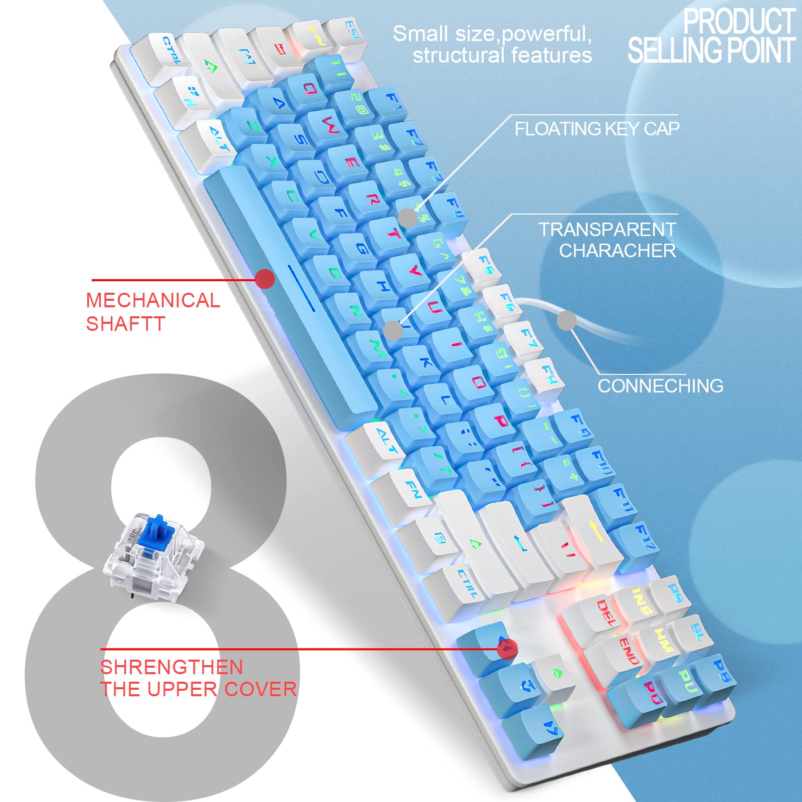 MIHIYIRY K400 Mechanical Gaming Keyboard, 87 Key Computer Keyboard Blue Switch Mechanical Keyboard with RGB Backlight with Type-C Cable for Win/Mac