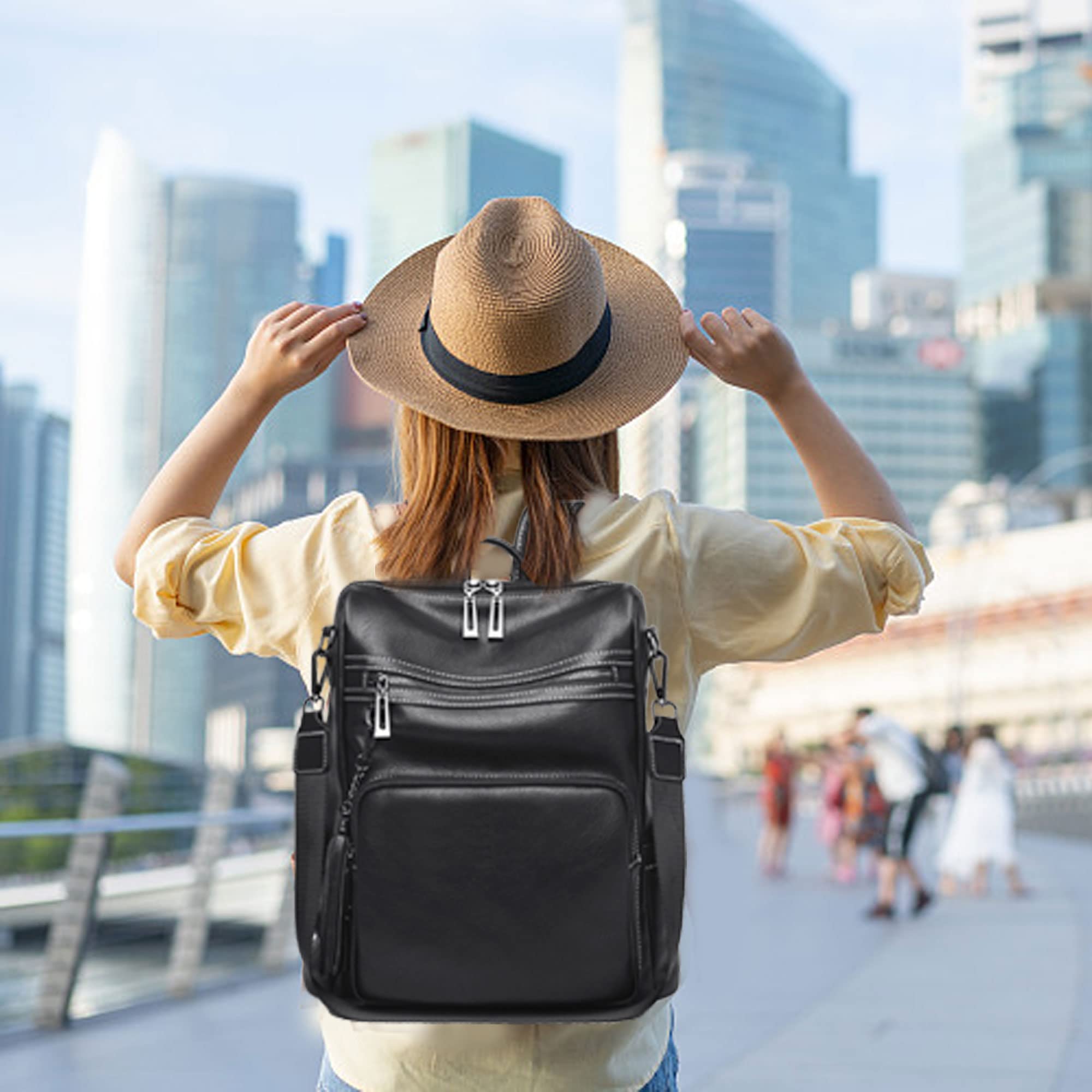 Mistour Backpack Purse for Women Leather Convertible Fashion Travel Womens Purse Backpack with Padded Shoulder Strap (Black)