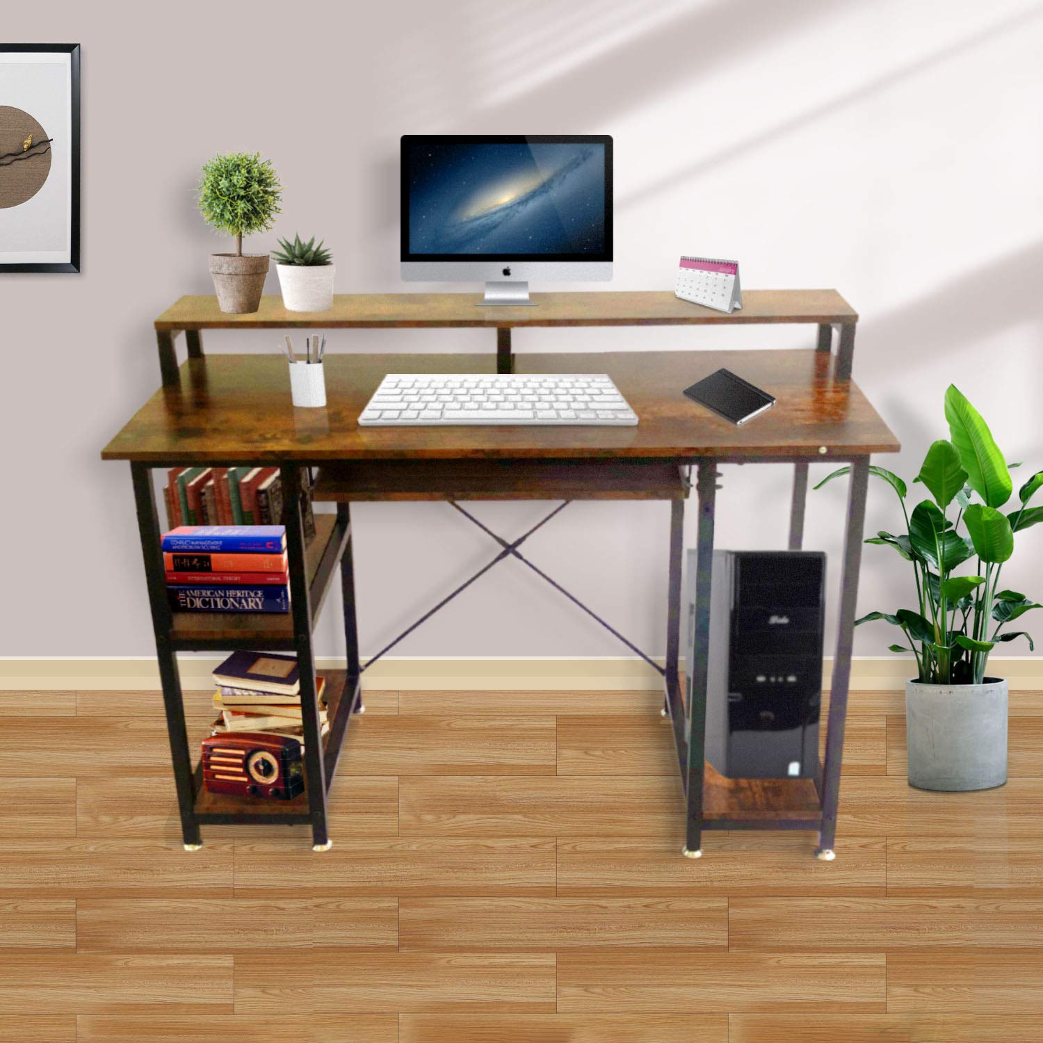 LOVEZ Computer Desk with Storage Shelves/Keyboard Tray/Monitor Stand Desk with Bookshelf Easy Assemble Study Table for Home Office (Brown)