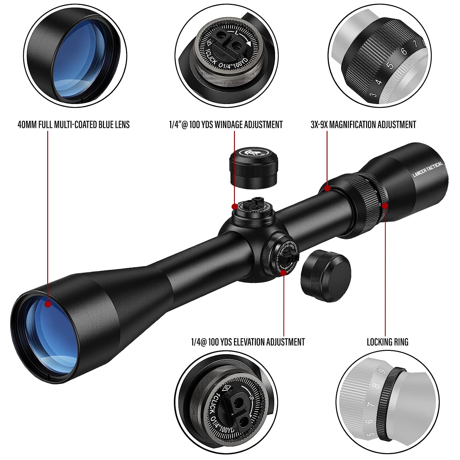 Lancer Tactical Airgun Airsoft Scope: 3-9x40 Rifle Scope with Fast Focus Eyepiece and Reticle Crosshair for Accurate Shooting w/Mil-dot 3" Eye Relief - 40mm