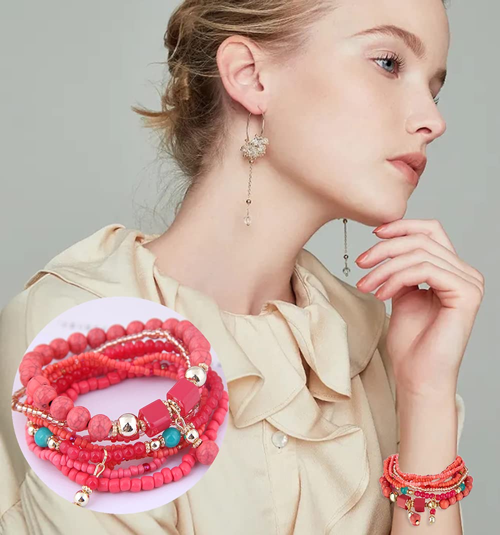 MOZAKA 9 Sets Bohemian Stackable Multilayer Bracelets for Women Stretch Elastic Multicolor Beaded Bracelets Jewelry Set