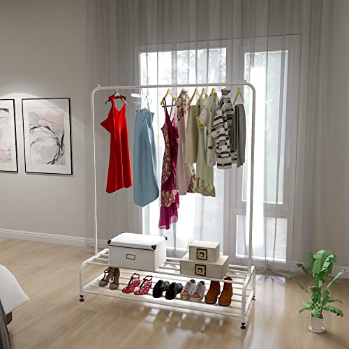 White Commercial Garment Rack,Closet Garment Rack, Heavy Duty Clothes Storage Organizer for Bedroom, Free-Standing and Closet Organizer and Storage with Hanger Rods Clothes Rack for Hanging Clothes
