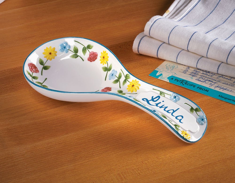 Personalized Dolomite Floral Spoon Rest, 8” Long by 3 1/4” Wide, Customizable Cooking Utensil Rest for Stovetop or Kitchen Counter, Housewarming Gift