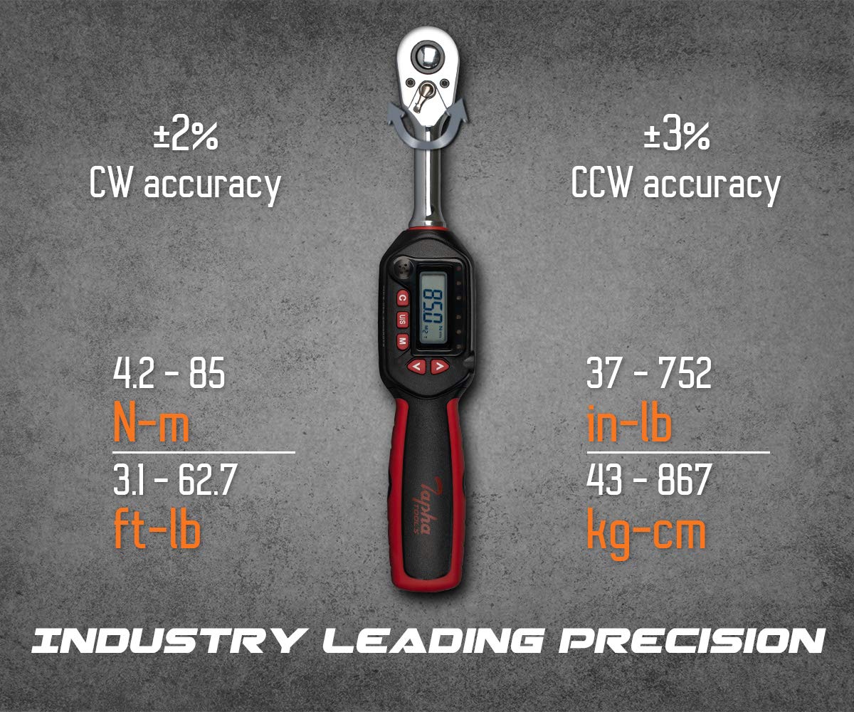 Tapha Tools 3/8 inch Digital Torque Wrench 3.1-62.7 ft-lbs (4.2-85 N-m) Torque Range, Accurate to ±2% Dual Direction, LED and Buzzer Notification, Preset Memory, ISO 6789, Calibrated (WP3N-T085BN)