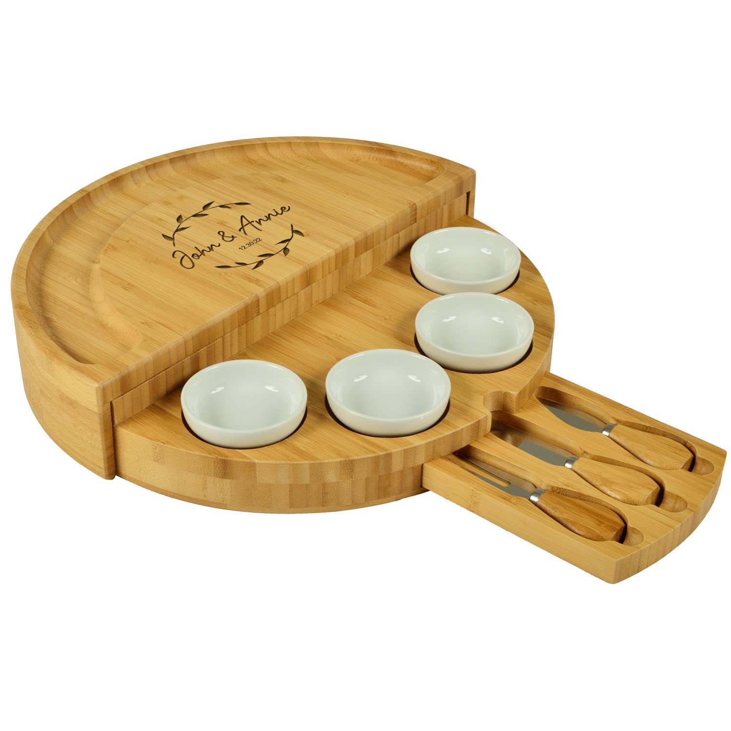 Personalized Engraved Bamboo Cheese/Charcuterie Board with Accessories - Innovative Patented Design - Designed & Quality Assured by Picnic at Ascot USA