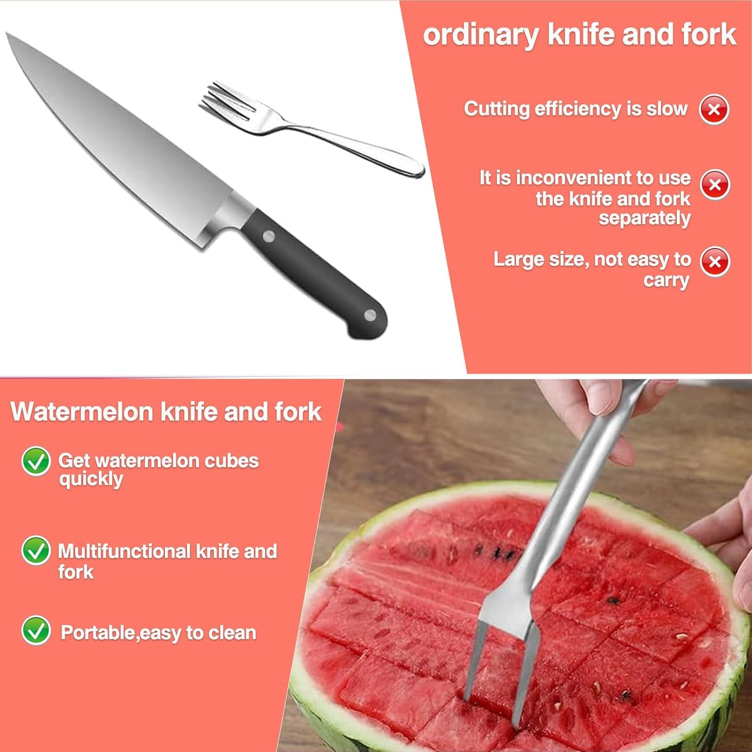 Watermelon Fork Slicer Cutter,Stainless Steel 2 in 1 Fruit Fork Slicer,Portable Watermelon Fork Watermelon Cutter Slicer Tool Fruit Forks Slicer for Home Party Camping Kitchen Gadget(1pack)