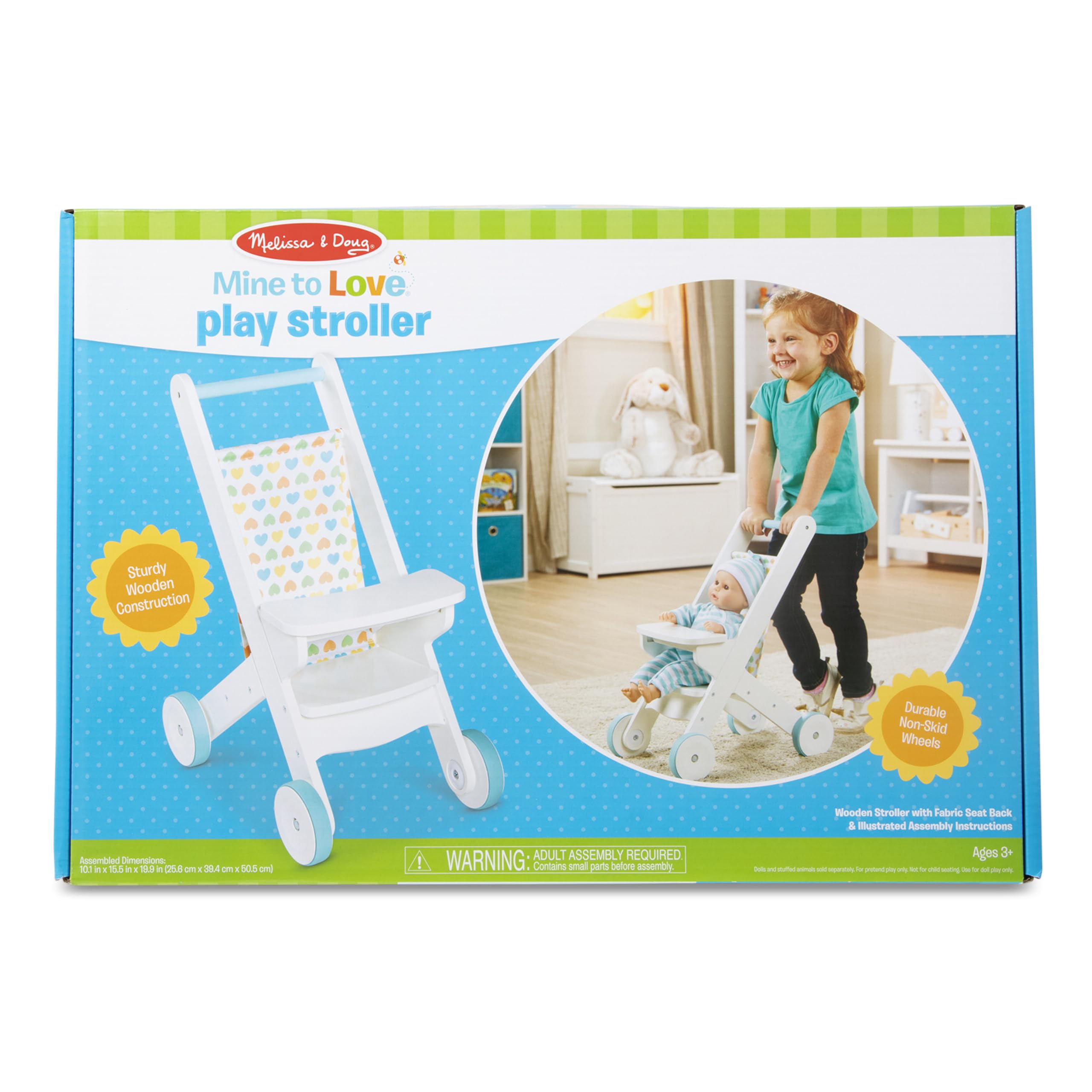 Melissa & Doug Mine to Love Wooden Play Stroller for Dolls-Stuffed Animals - White (18”H x 8”W x 11”D Assembled)