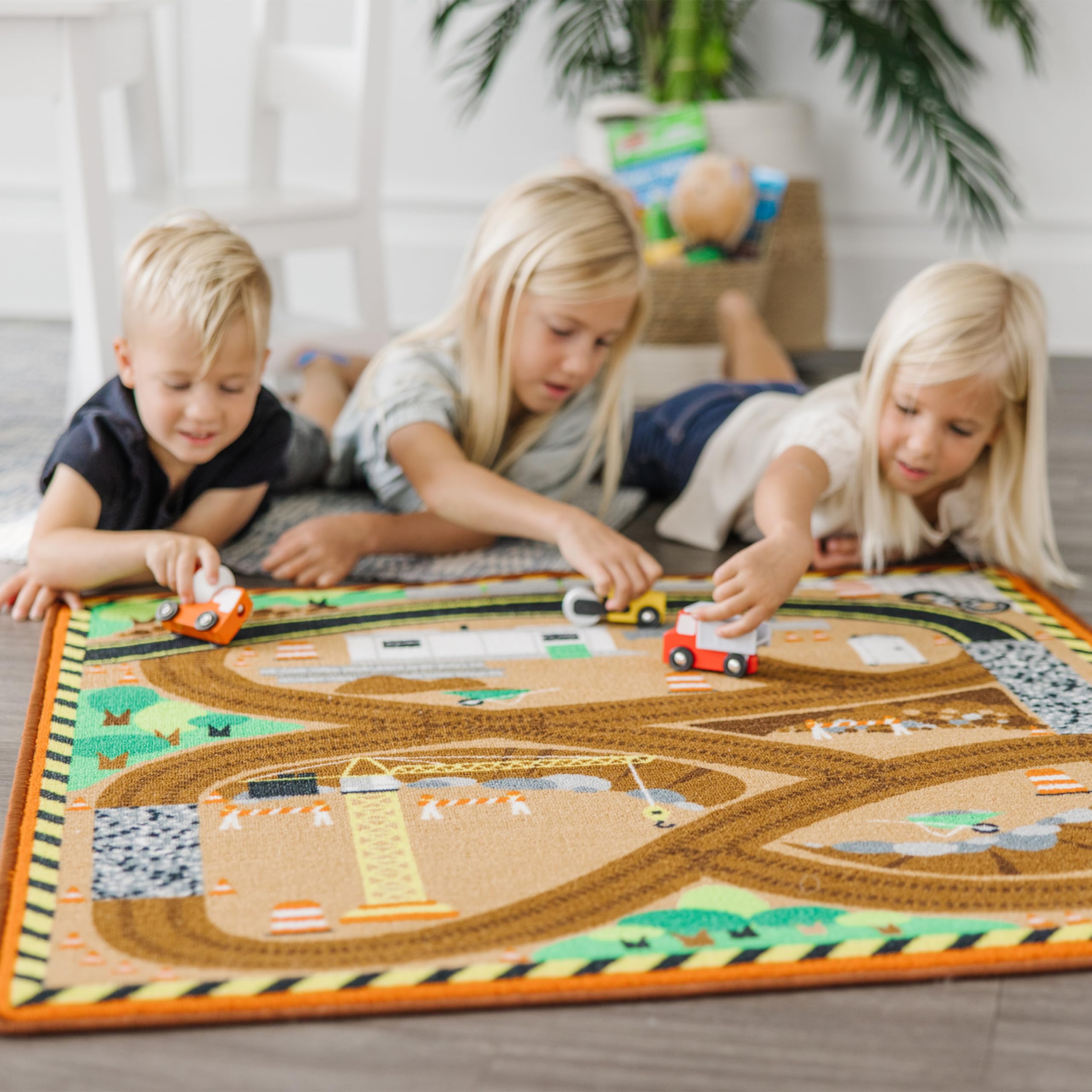 Melissa & Doug Round the Construction Zone Work Site Activity Play Rug With 3 Wooden Trucks (39" x 36")