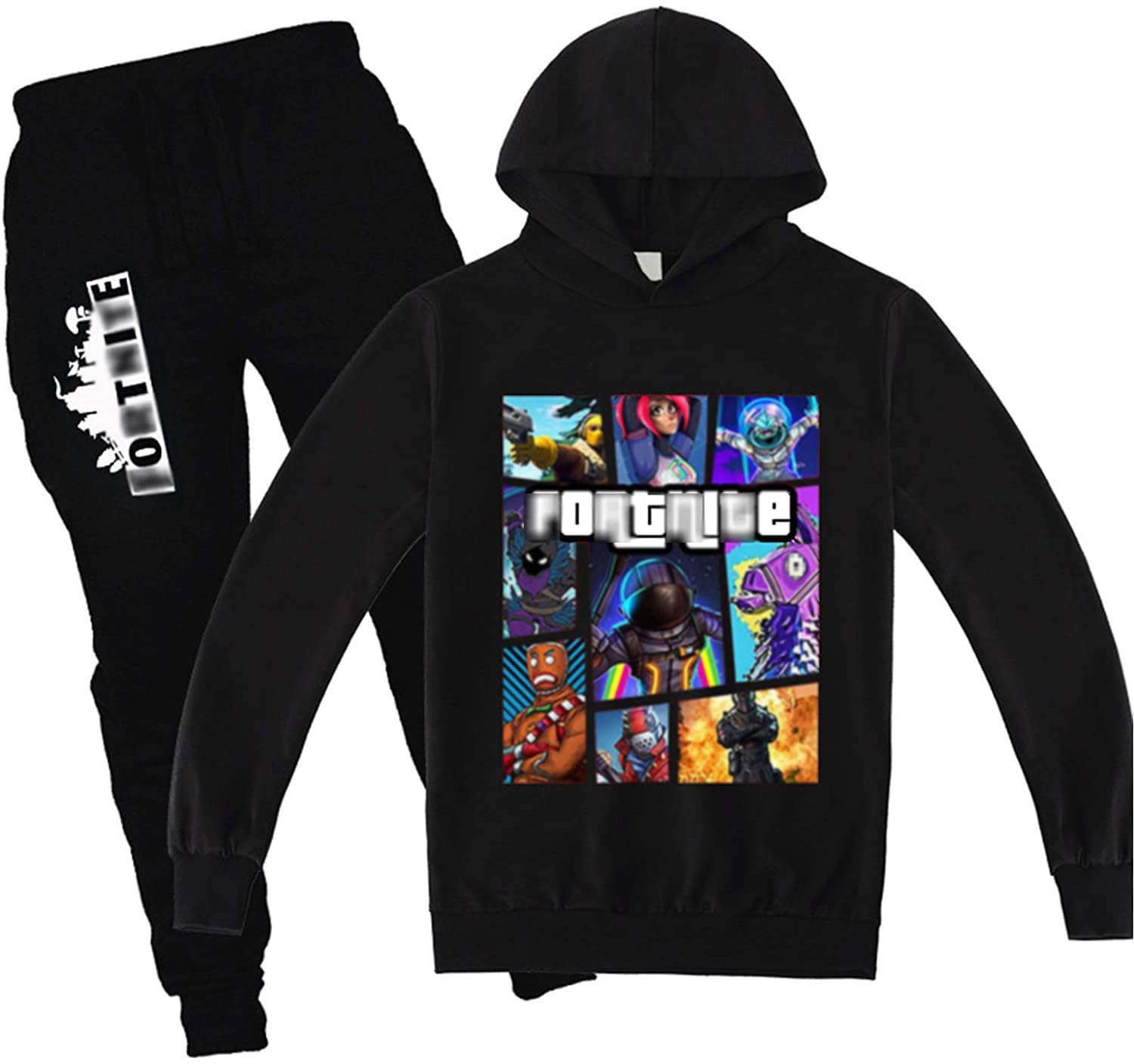 SIMZRA Youth Tracksuit Pullover Hoodie Jogging Pants Set 2 Pieces Sweatsuit for Boys Girls, Black, M