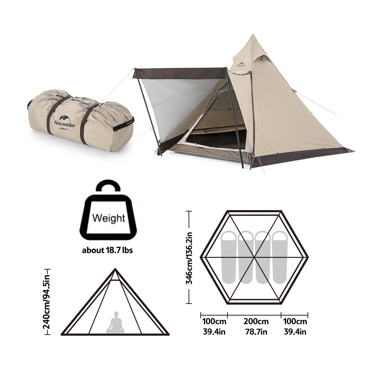 Naturehike Ranch Hexagonal Teepee Tent, Easy Setup Waterproof 3-4 Person Camping Tent, 4 Season Tent for Family Camping, Hiking,Picnic