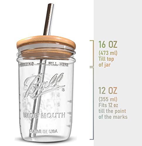 Reusable Boba Bubble Tea & Smoothie Cups - 2 Glass Wide Mouth 16oz Mason Jars with Bamboo Lids - 2 Reusable Silver Stainless Steel Boba Straws