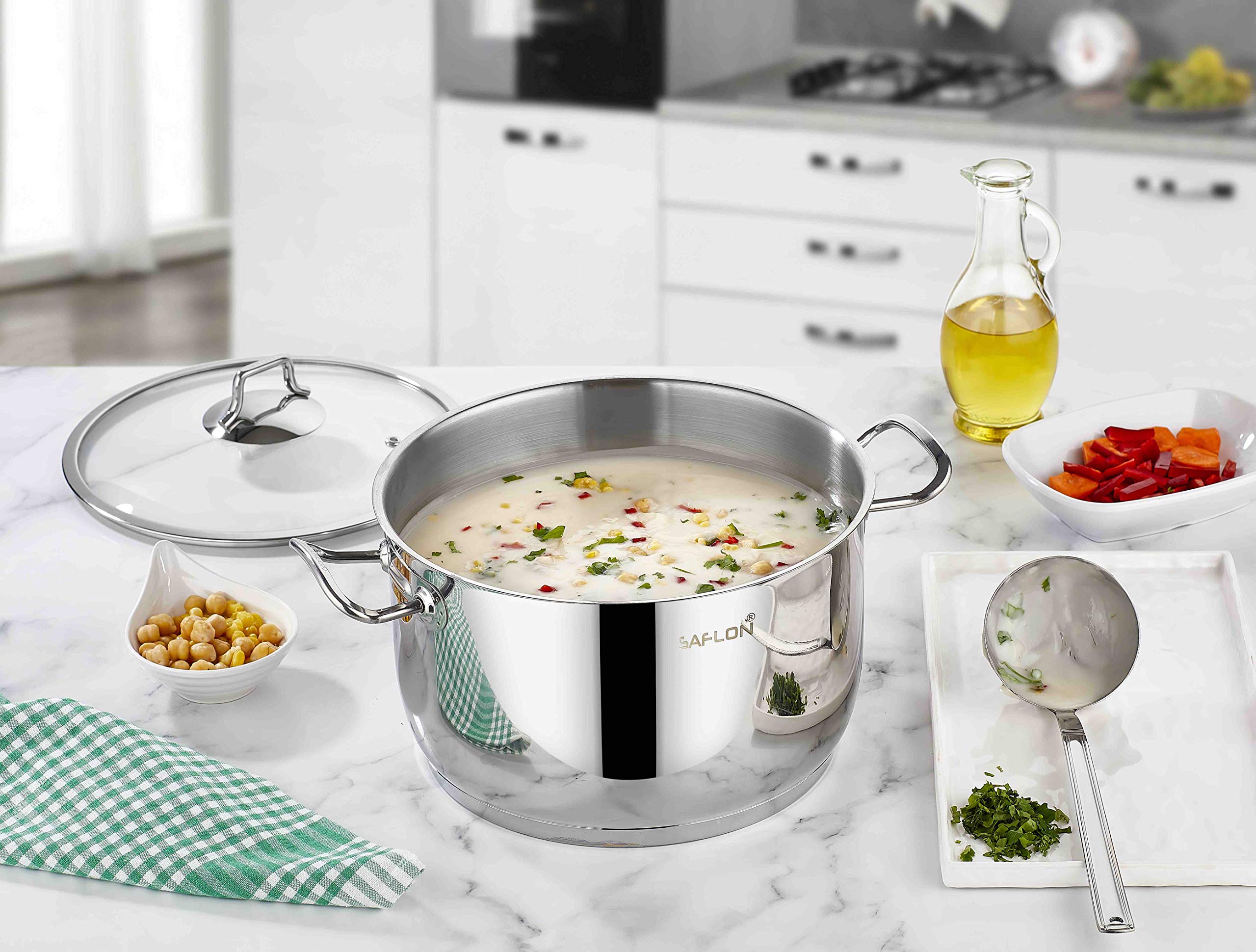 Saflon Stainless Steel Tri-Ply Capsulated Bottom 6 Quart Stock Pot with Glass Lid, Induction Ready, Oven and Dishwasher Safe