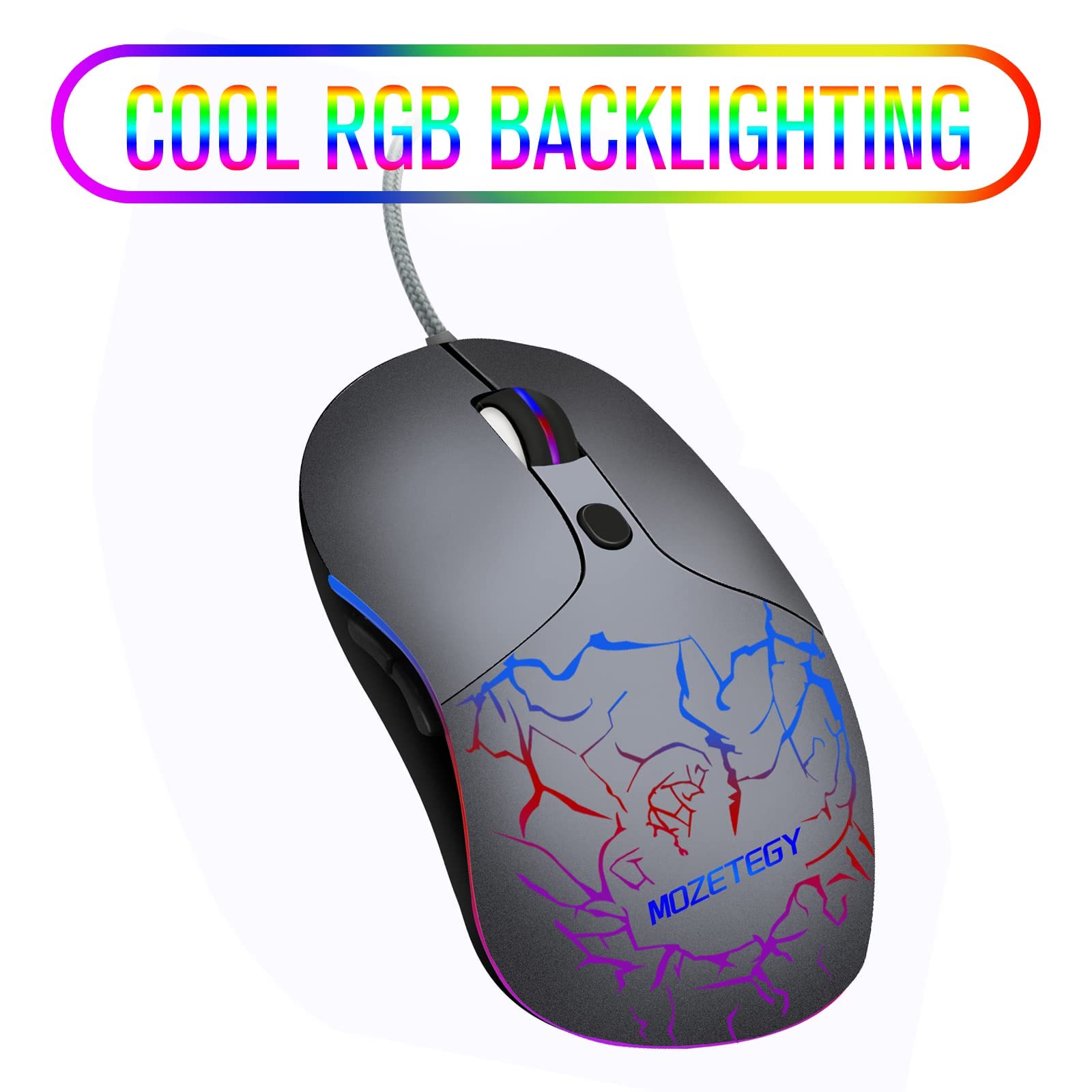 MOZETEGY RGB Gaming Mouse Wired Ergonomic Mouse USB Optical Computer Mice with Backlight Modes up to 3200 DPI for Laptop PC Computer Gamers & Work, Grey