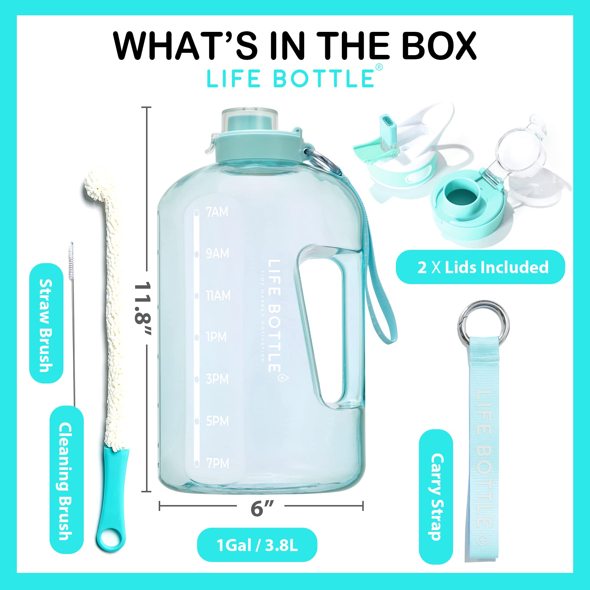 Life Bottle 1 Gallon Water Bottle with Straw Lid and Chug Lid, Big Leakproof Water Jug with Time Marker, No Quotes. 128 oz Water Bottle with Handle and Straw, BPA Free
