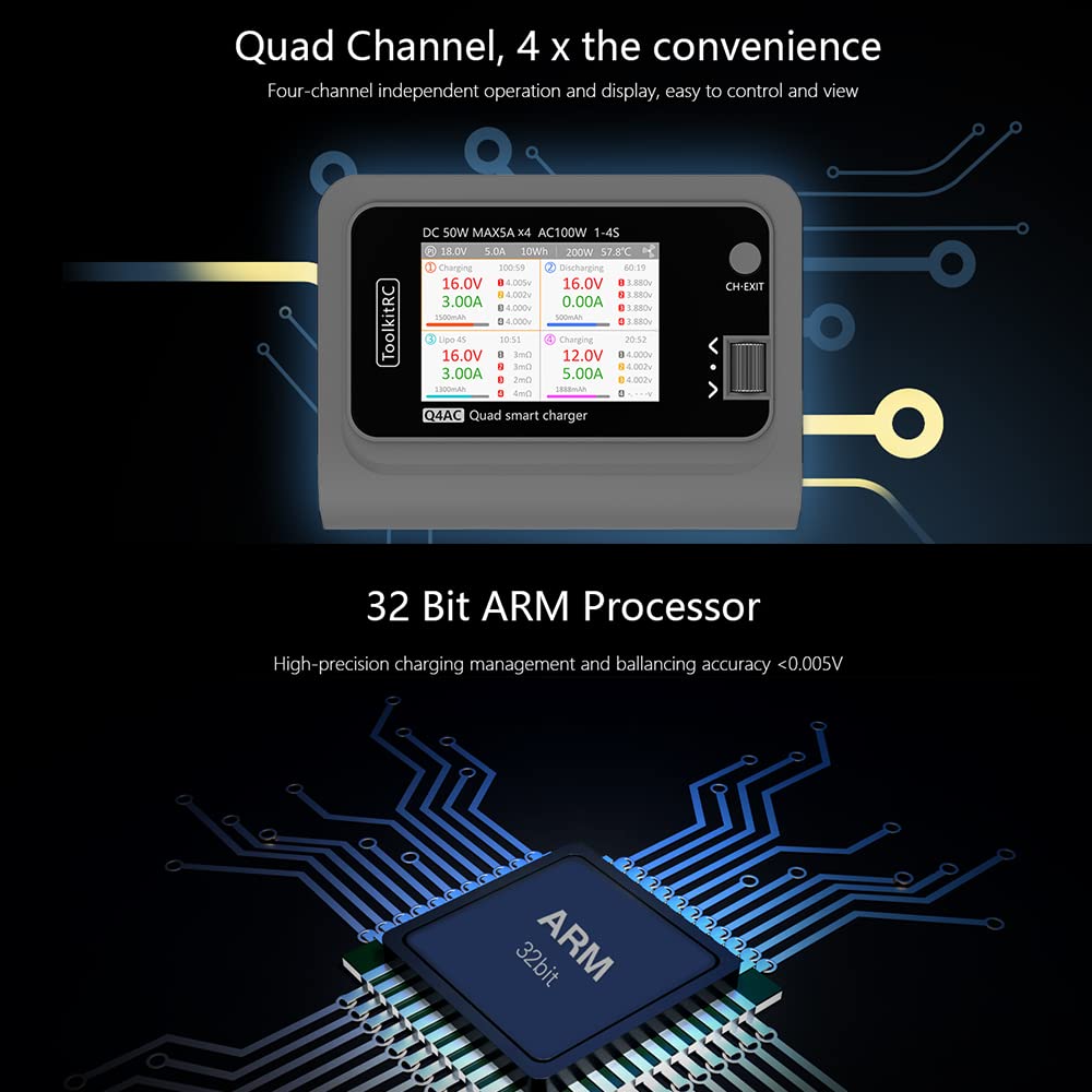 ToolkitRC Q4AC XT60 US Plug 4x50W 5A AC 100W 4 Port DC Smart Charger AC DC Smart Charger IPS Bright Clear Wide Angle Display