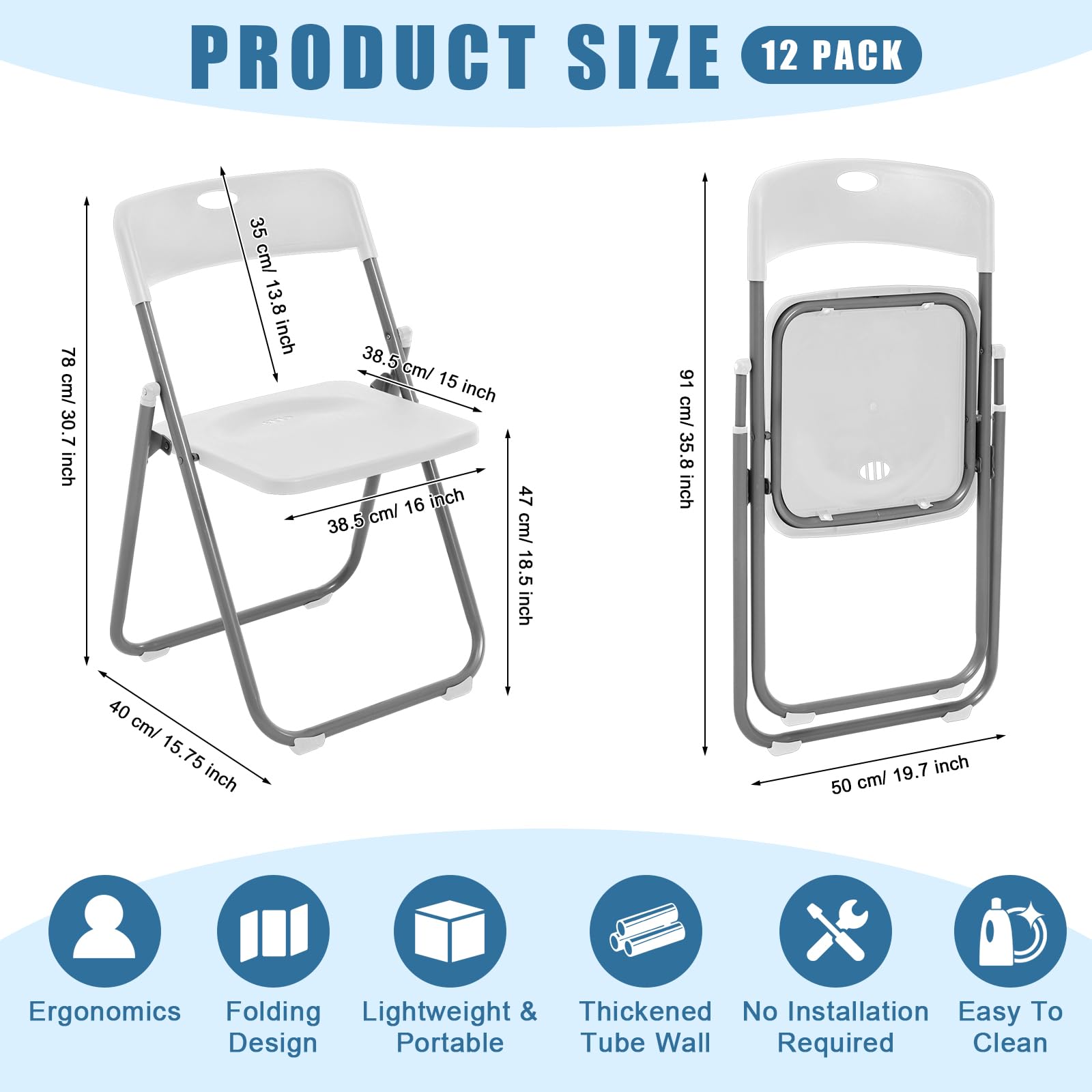 Kigley 12 Pack Folding Plastic Chair with 330lb Capacity Stackable Folding Chair Portable Metal Foldable Chair Fold up Event Chairs for Wedding Party Office Dining Supplies Indoor Outdoor (White)